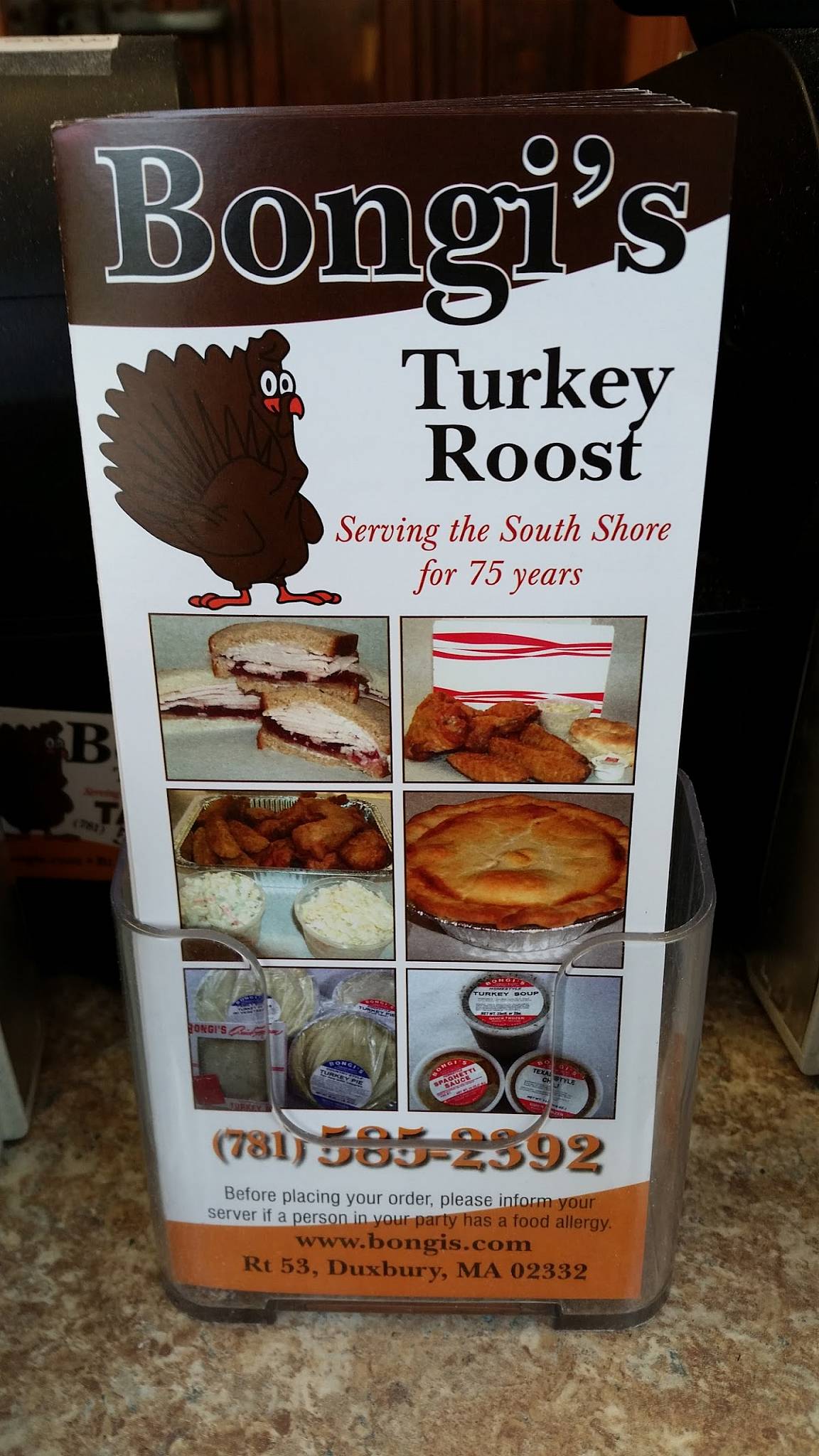 Menu at Bongi's Turkey Roost restaurant, Duxbury