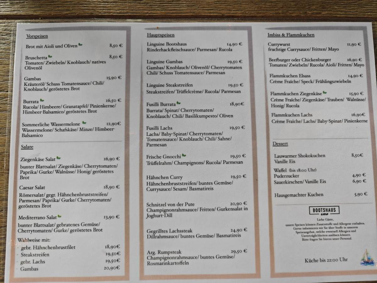 Speisekarte von Bootshaus im ETUF restaurant, Essen
