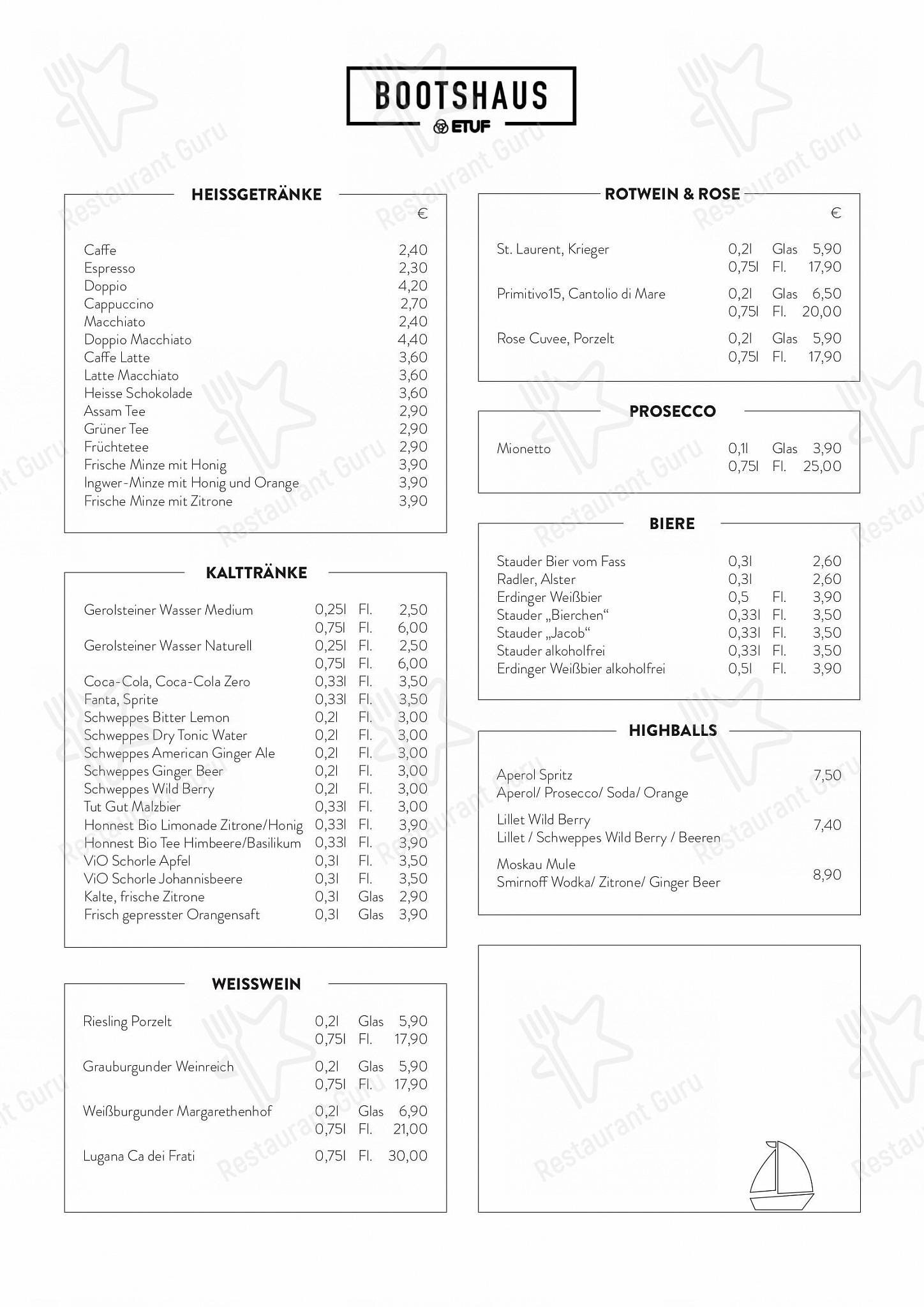 Speisekarte von Bootshaus im ETUF restaurant, Essen