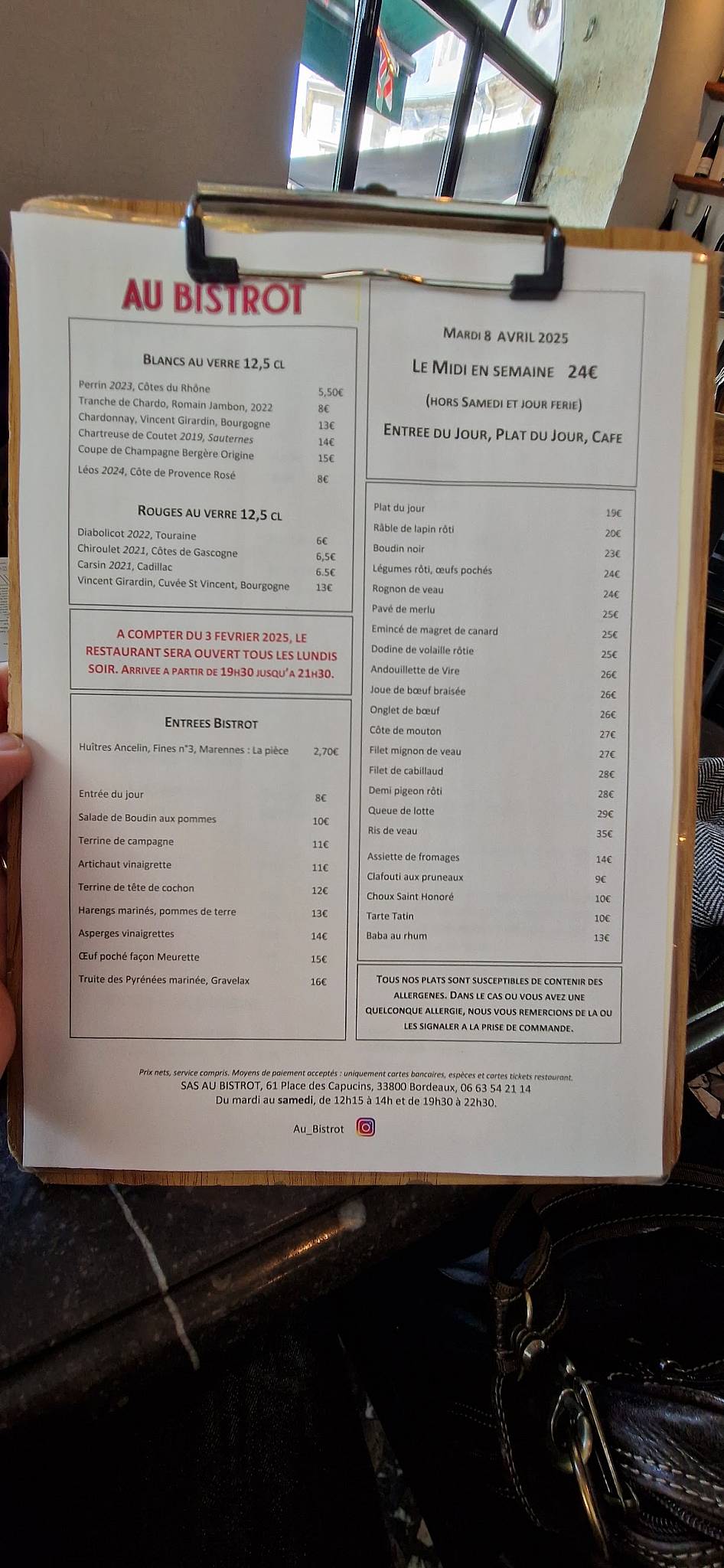 Menu at Au Bistrot restaurant, Bordeaux