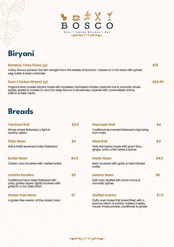Menu at Bosco Cafe & Indian Kitchen, Tauranga, 1 Caslani Ln
