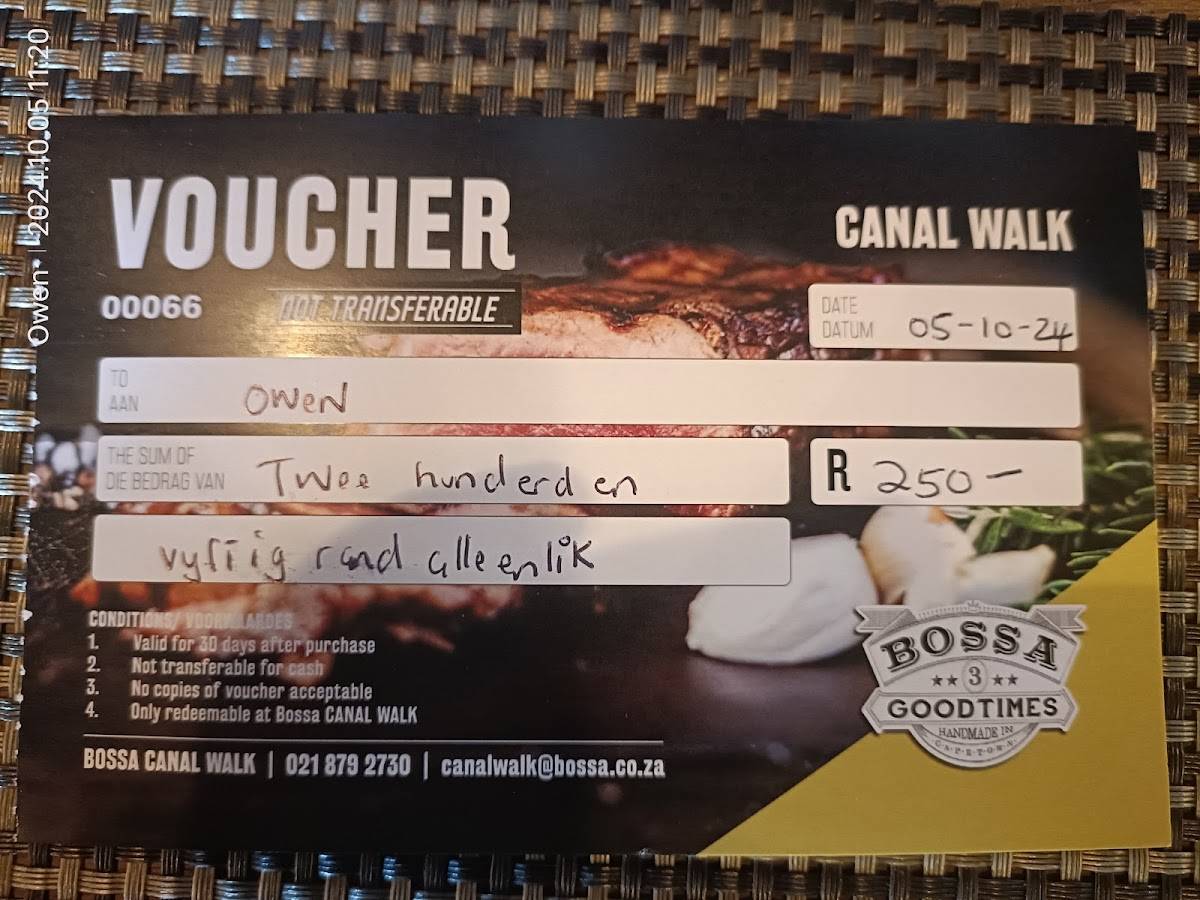 Menu au Bossa Canal Walk restaurant, Le Cap