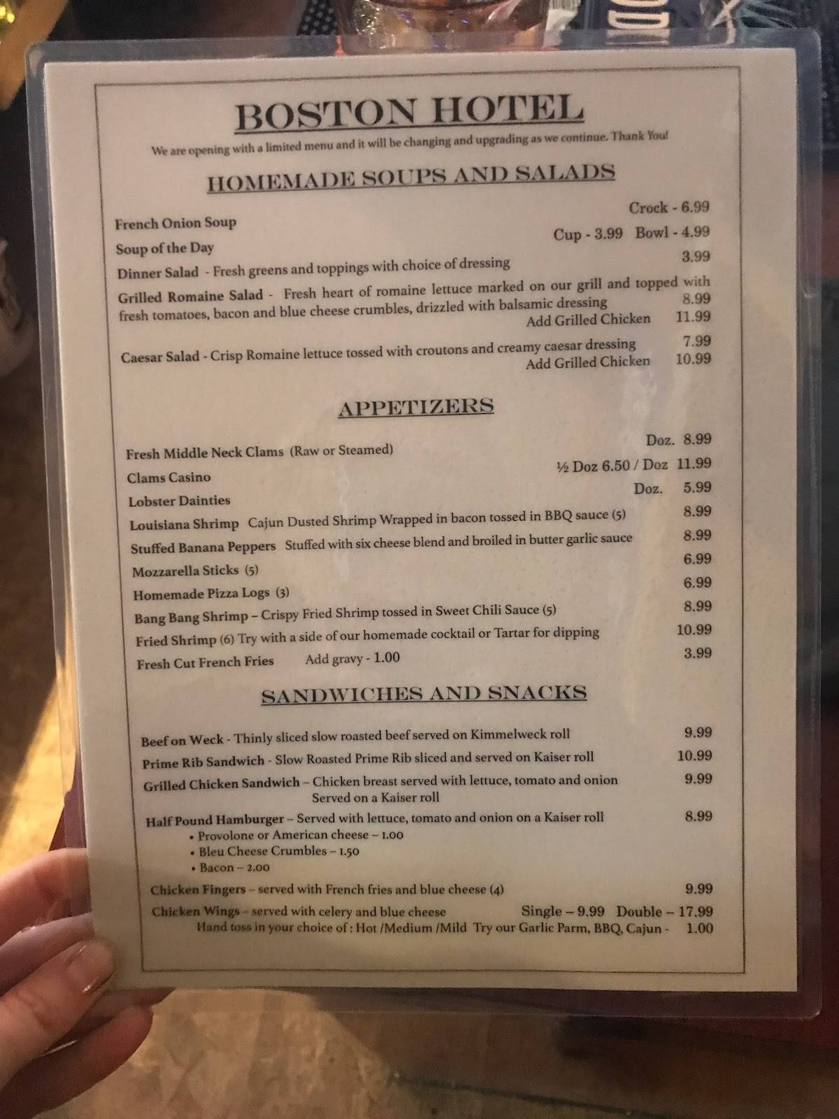Menu at Boston Hotel pub & bar, Boston, Boston State Rd