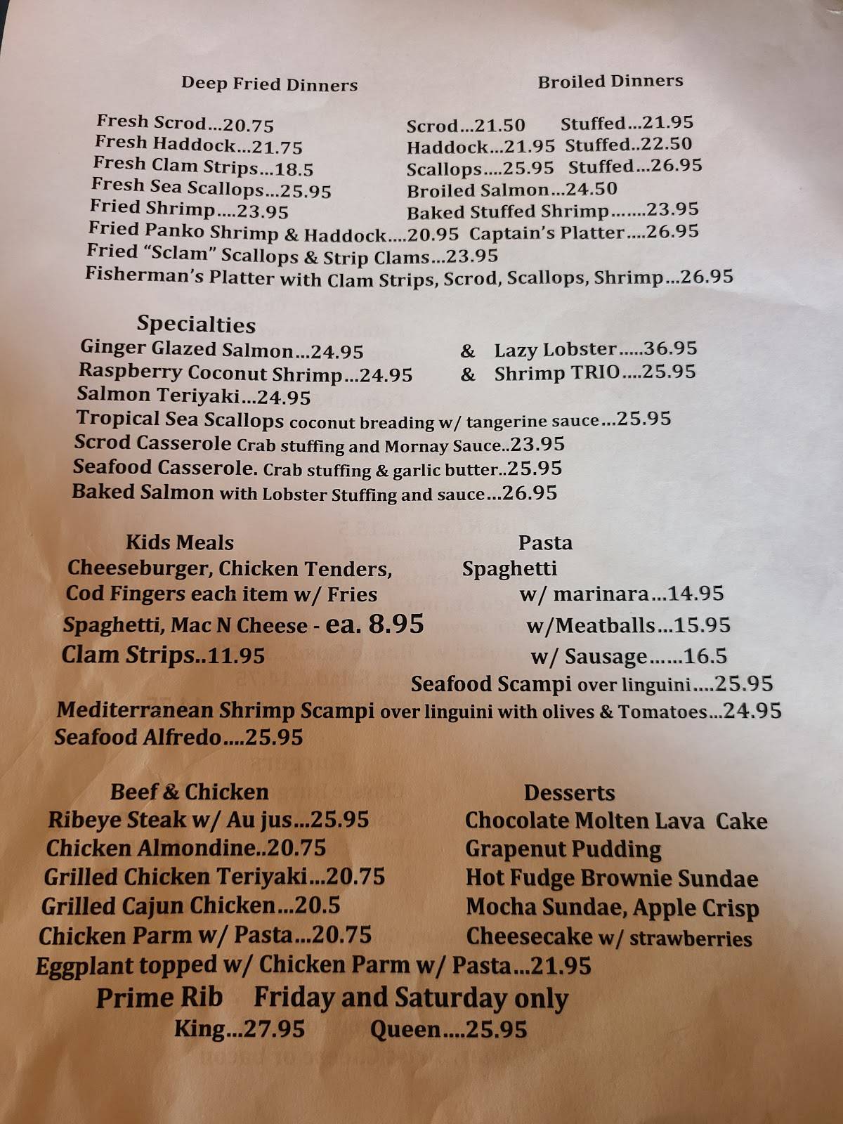 Carta del restaurante Boston Sea Foods, North Adams