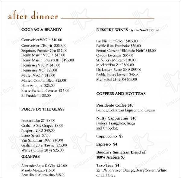 Menu at Boudro's on the Riverwalk steakhouse, San Antonio