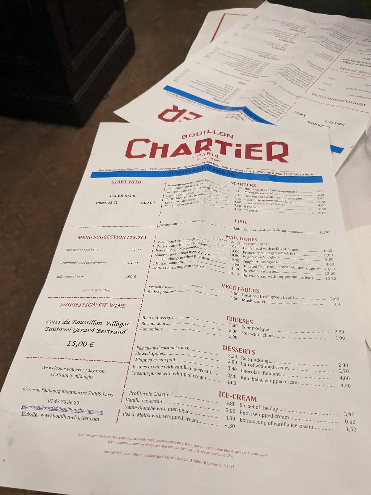 Menu au Bouillon Chartier Grands Boulevards restaurant, Paris, 7 Rue du ...