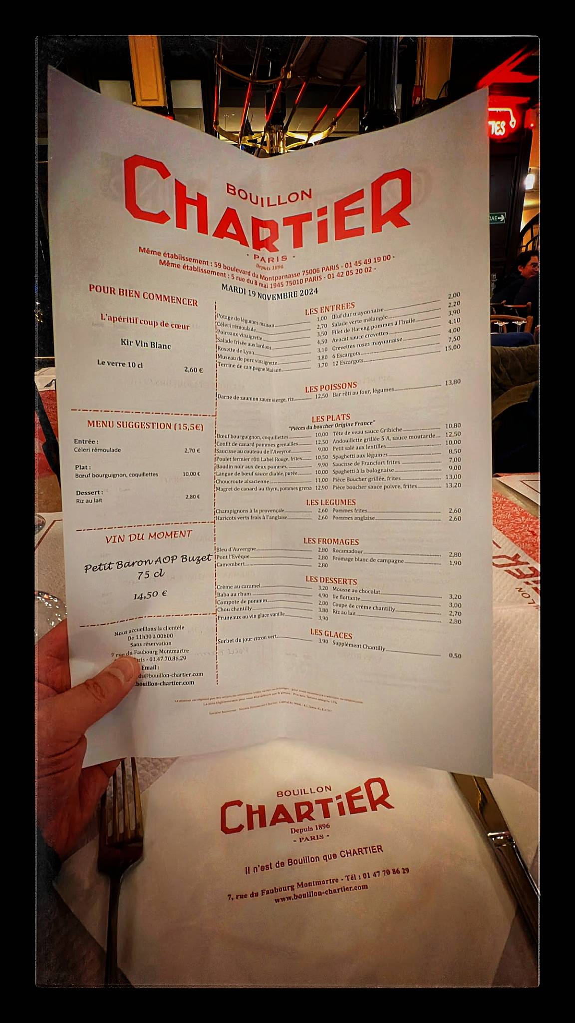 Menu at Bouillon Chartier Grands Boulevards restaurant, Paris, 7 Rue du ...