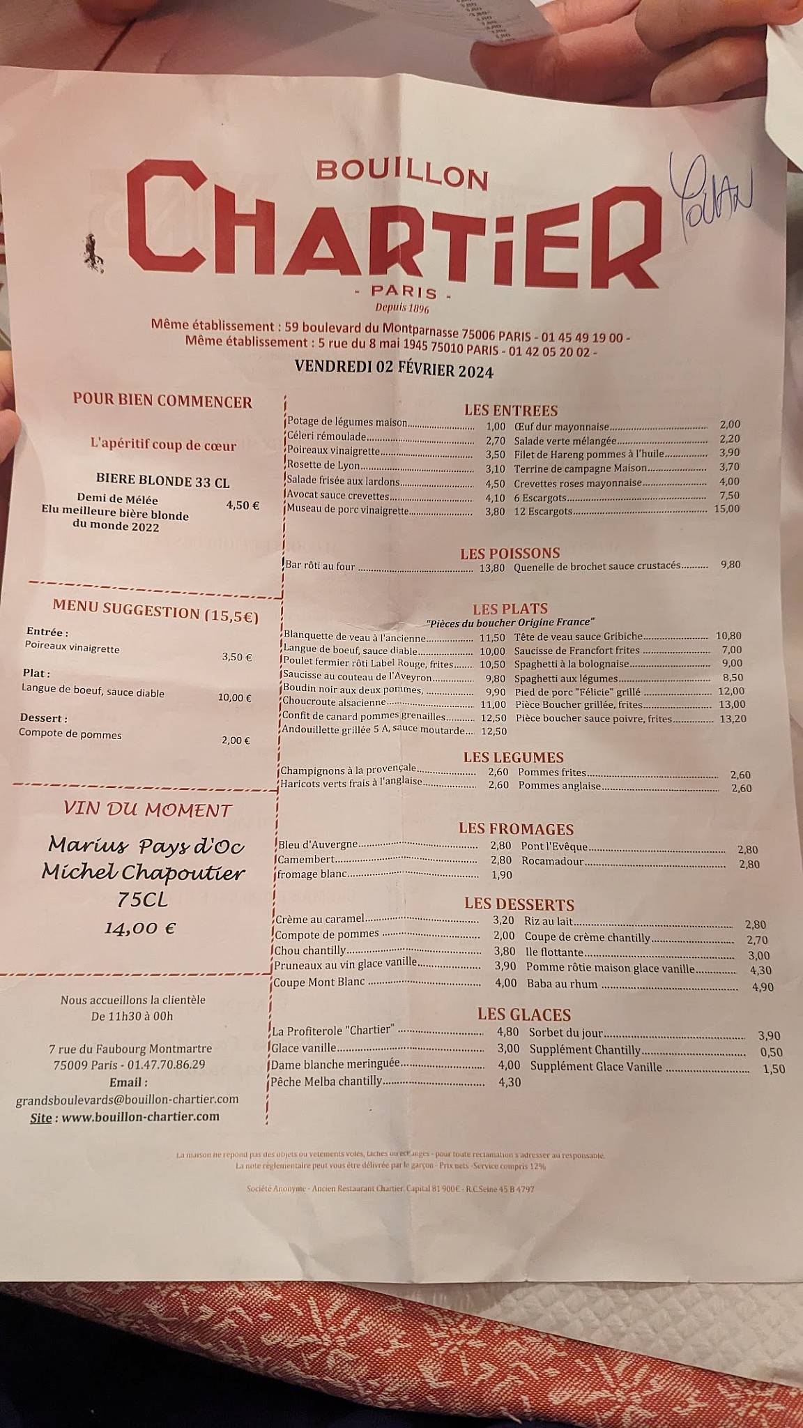 Menu au Bouillon Chartier Grands Boulevards restaurant, Paris, 7 Rue du ...