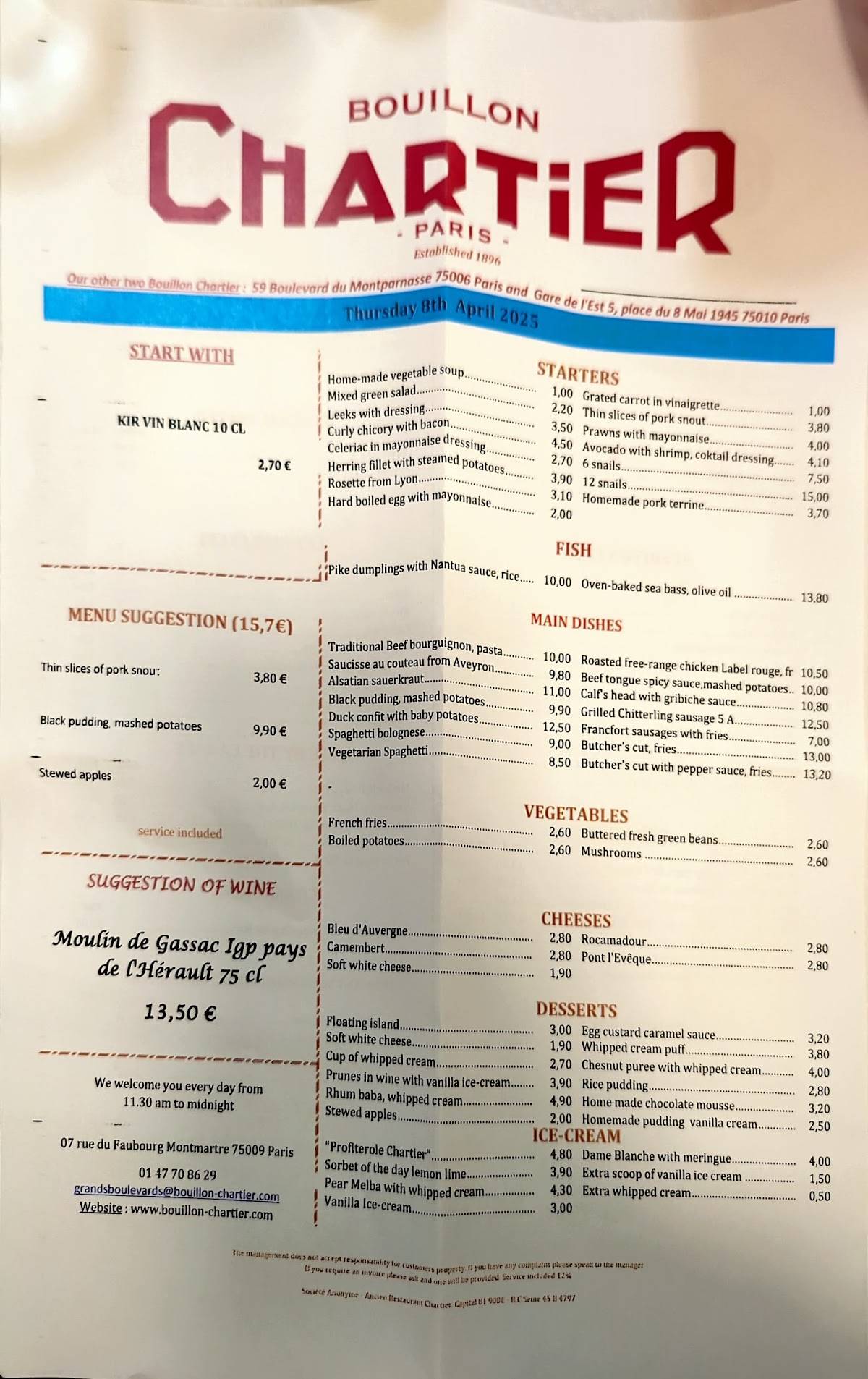 Menu at Bouillon Chartier Grands Boulevards restaurant, Paris, 7 Rue du ...