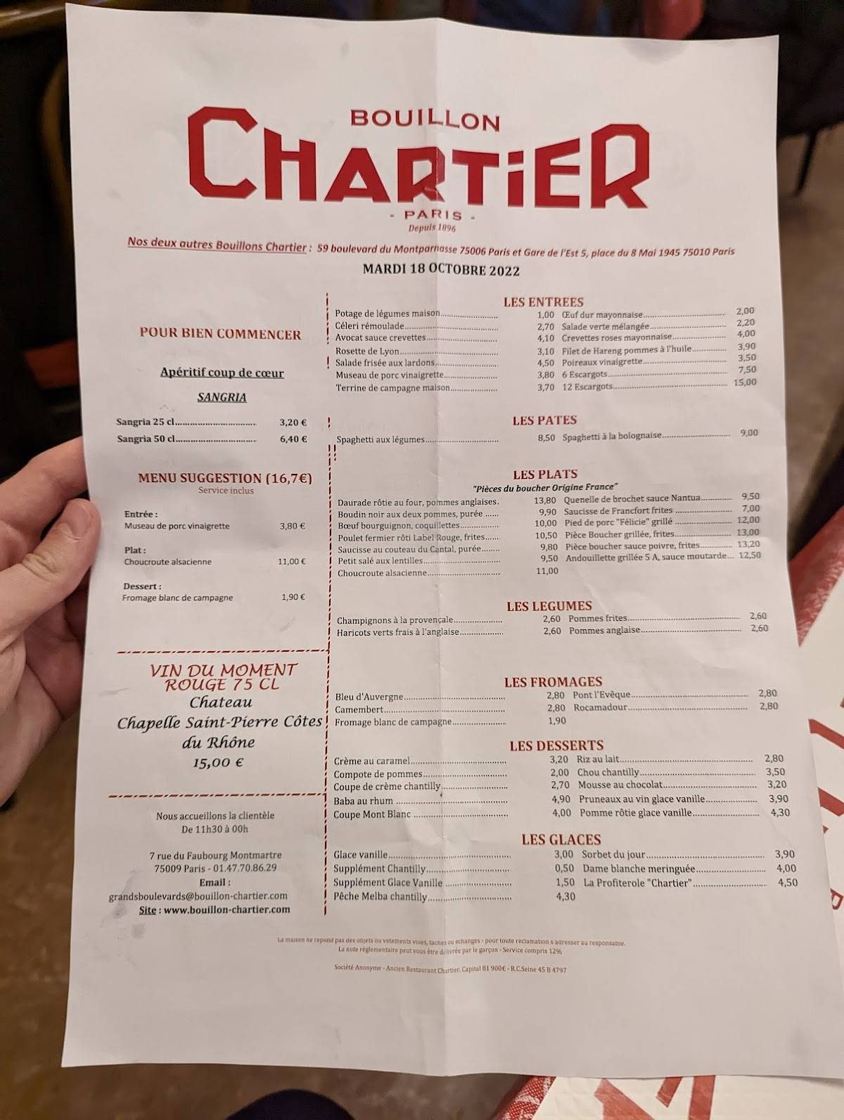 Menu au Bouillon Chartier Grands Boulevards restaurant, Paris, 7 Rue du ...