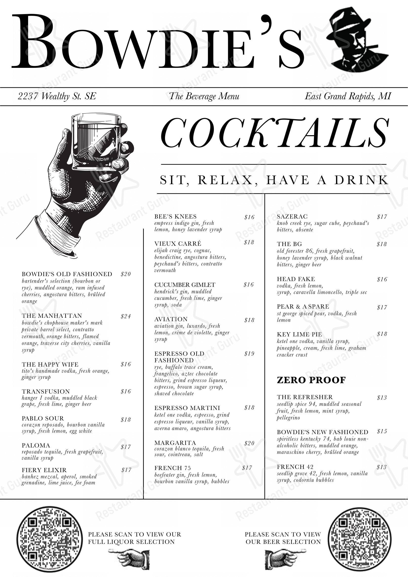 Menu at Bowdie’s Chophouse pub & bar, Grand Rapids