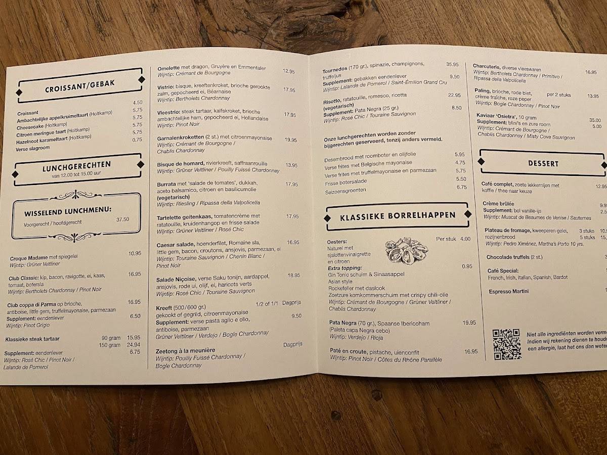 Menu at Brasserie Bardot, Breda