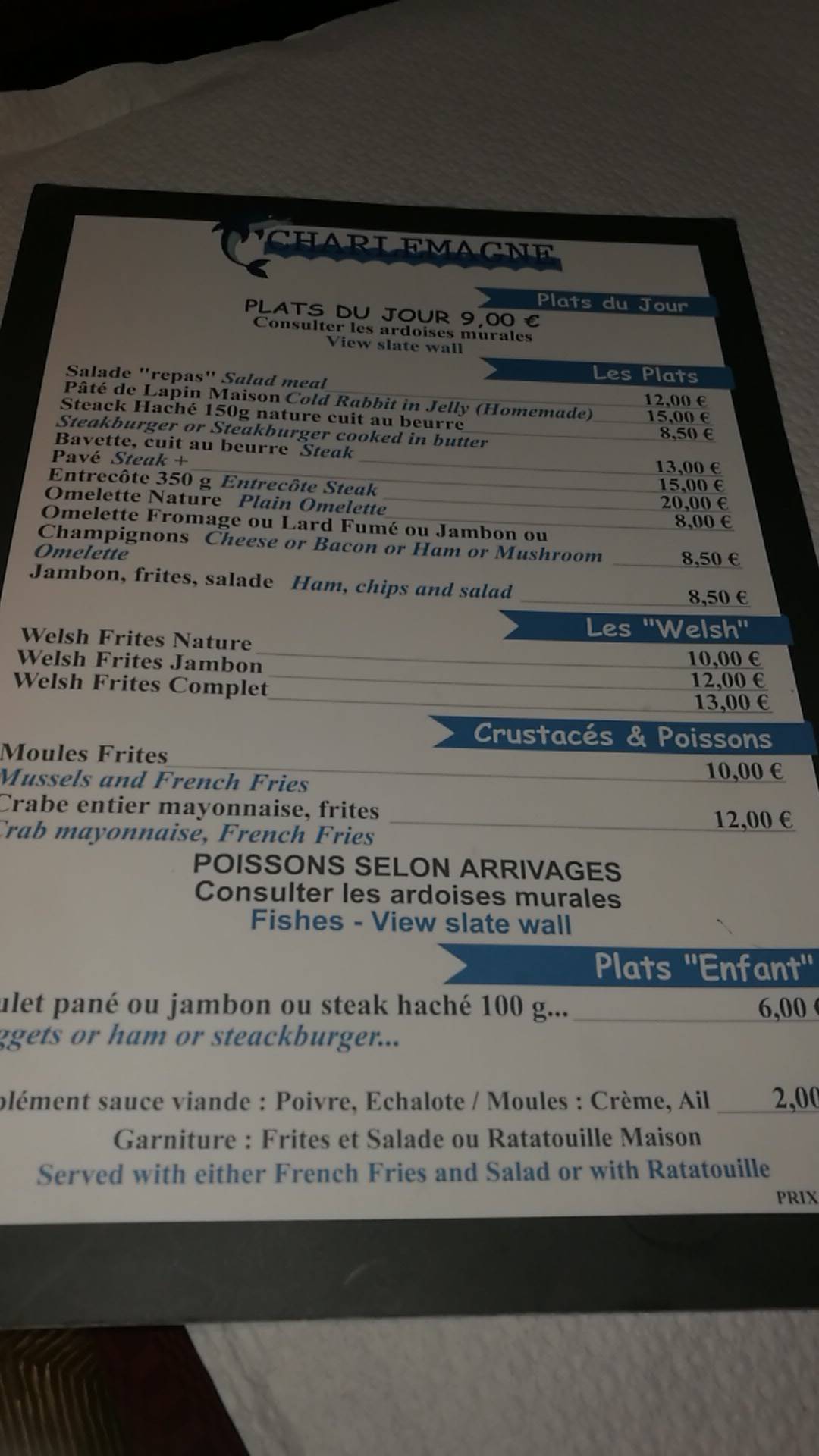 Menu at Brasserie Charlemagne pub & bar, Wissant