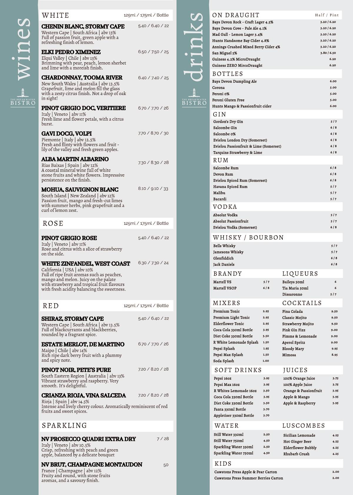Menu at The Breakwater Bistro restaurant, Brixham