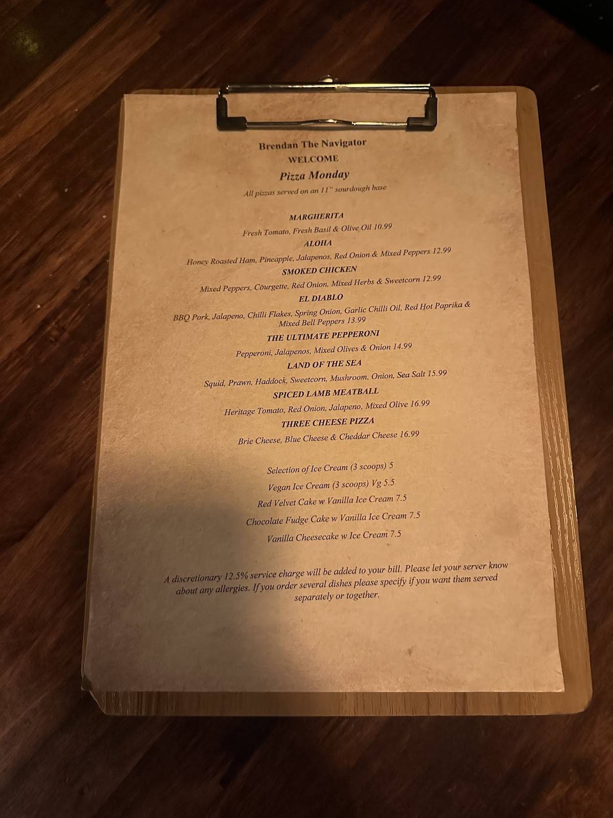 Carta del pub y bar Brendan the Navigator, Londres