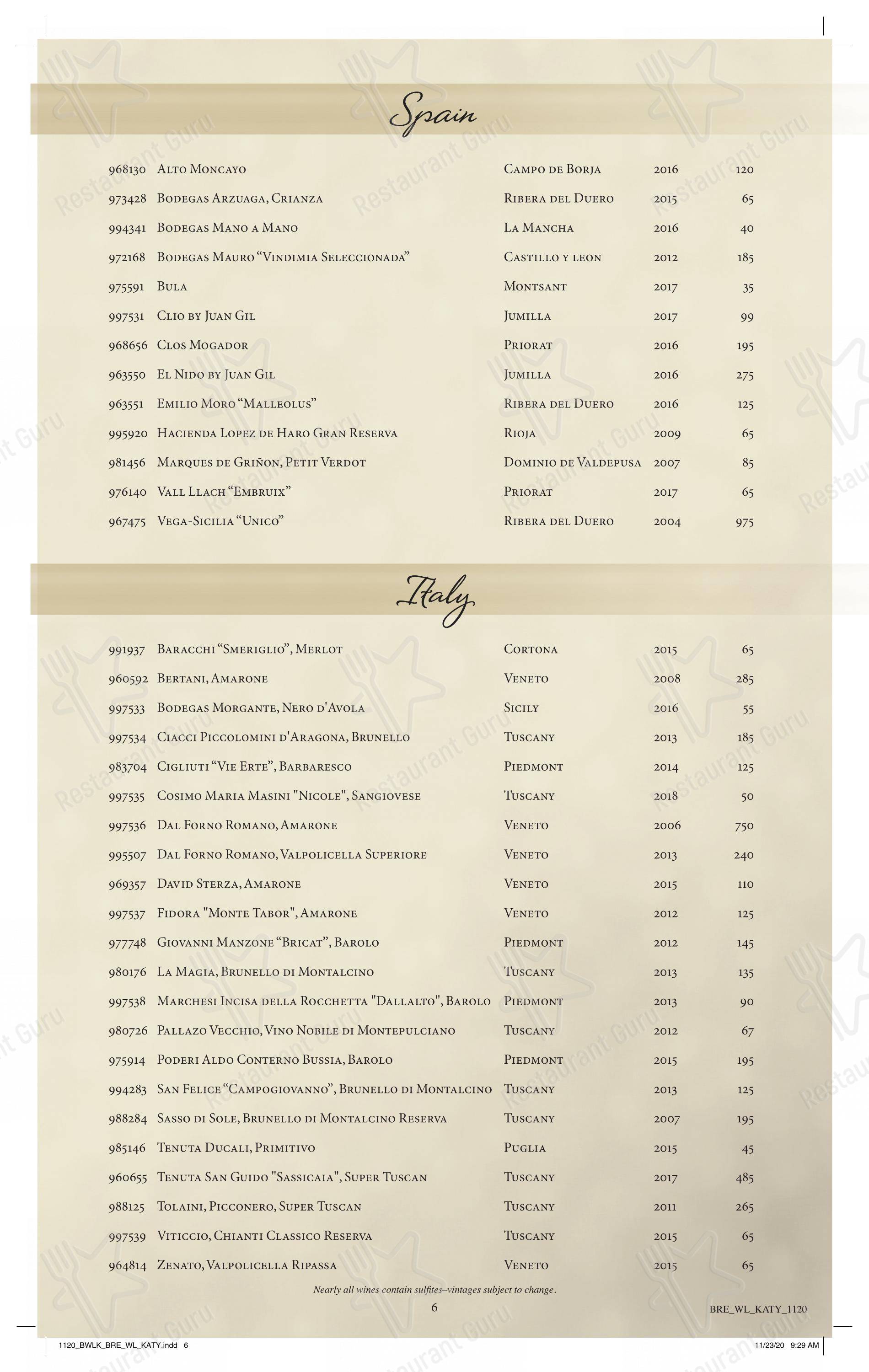 Menu at Brenner's Steakhouse, San Antonio