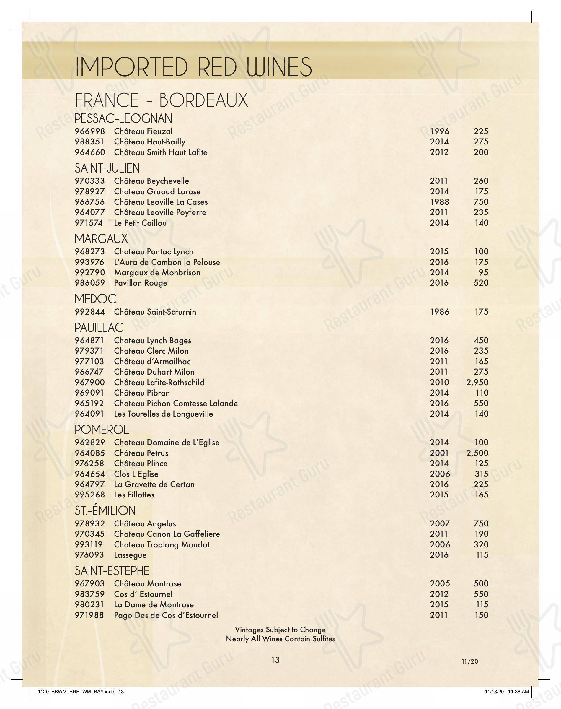 Menu at Brenner's Steakhouse, San Antonio