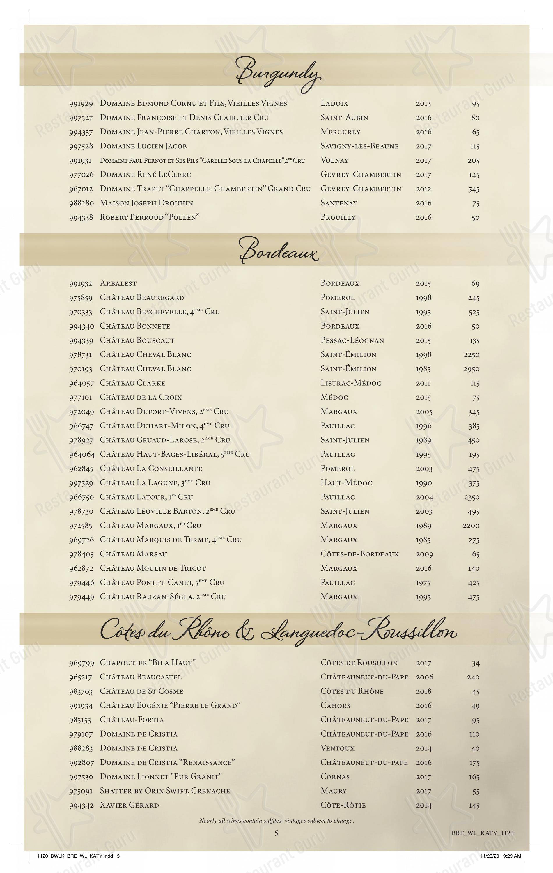 Menu at Brenner's Steakhouse, San Antonio