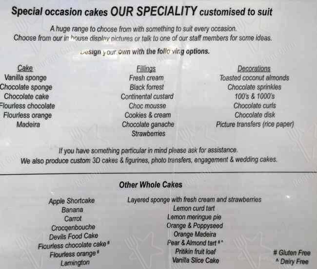 Menu at Brents Patisserie desserts, Eltham