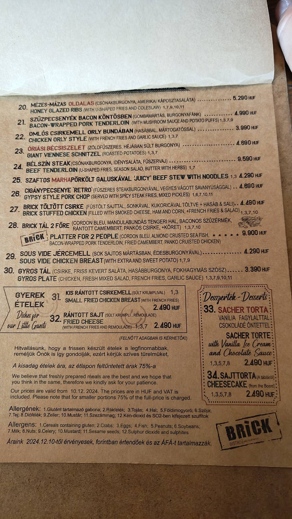 Menu at Brick Bistro restaurant, Sárvár