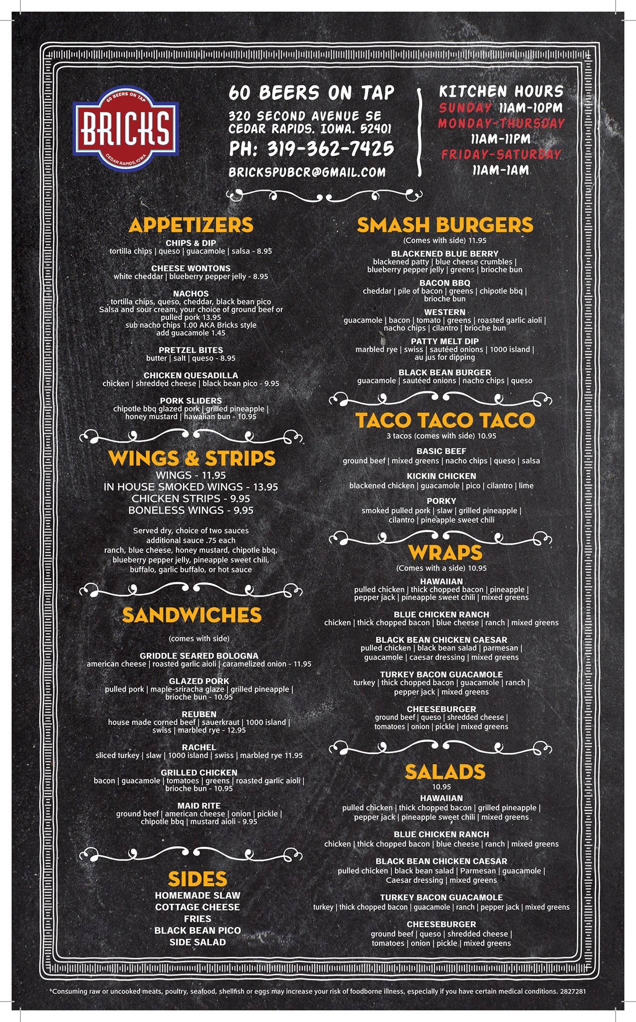 Menu at Bricks Bar & Grill, Cedar Rapids
