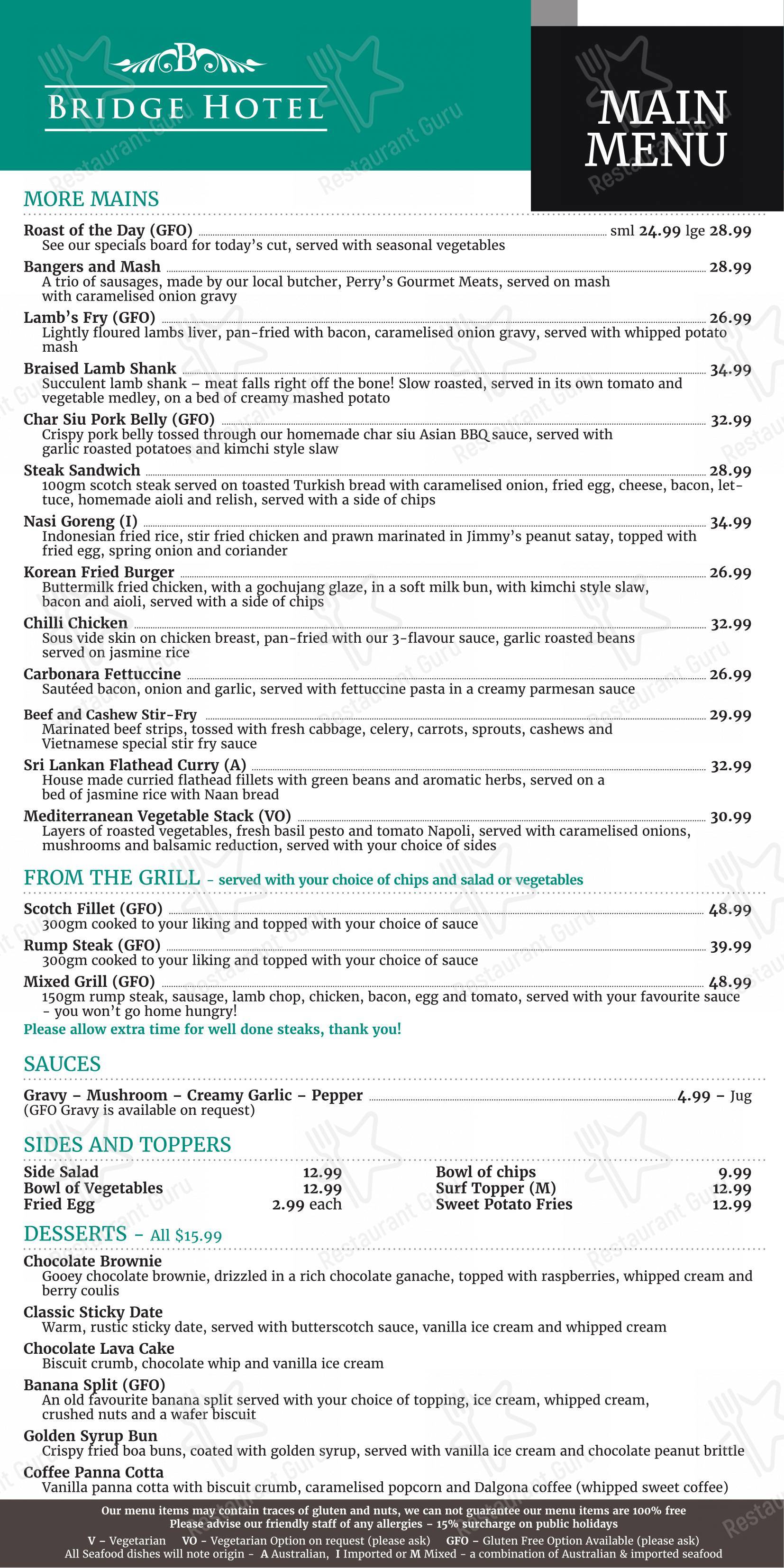 Menu at Bridge Hotel pub & bar, Smithton, Montagu Rd