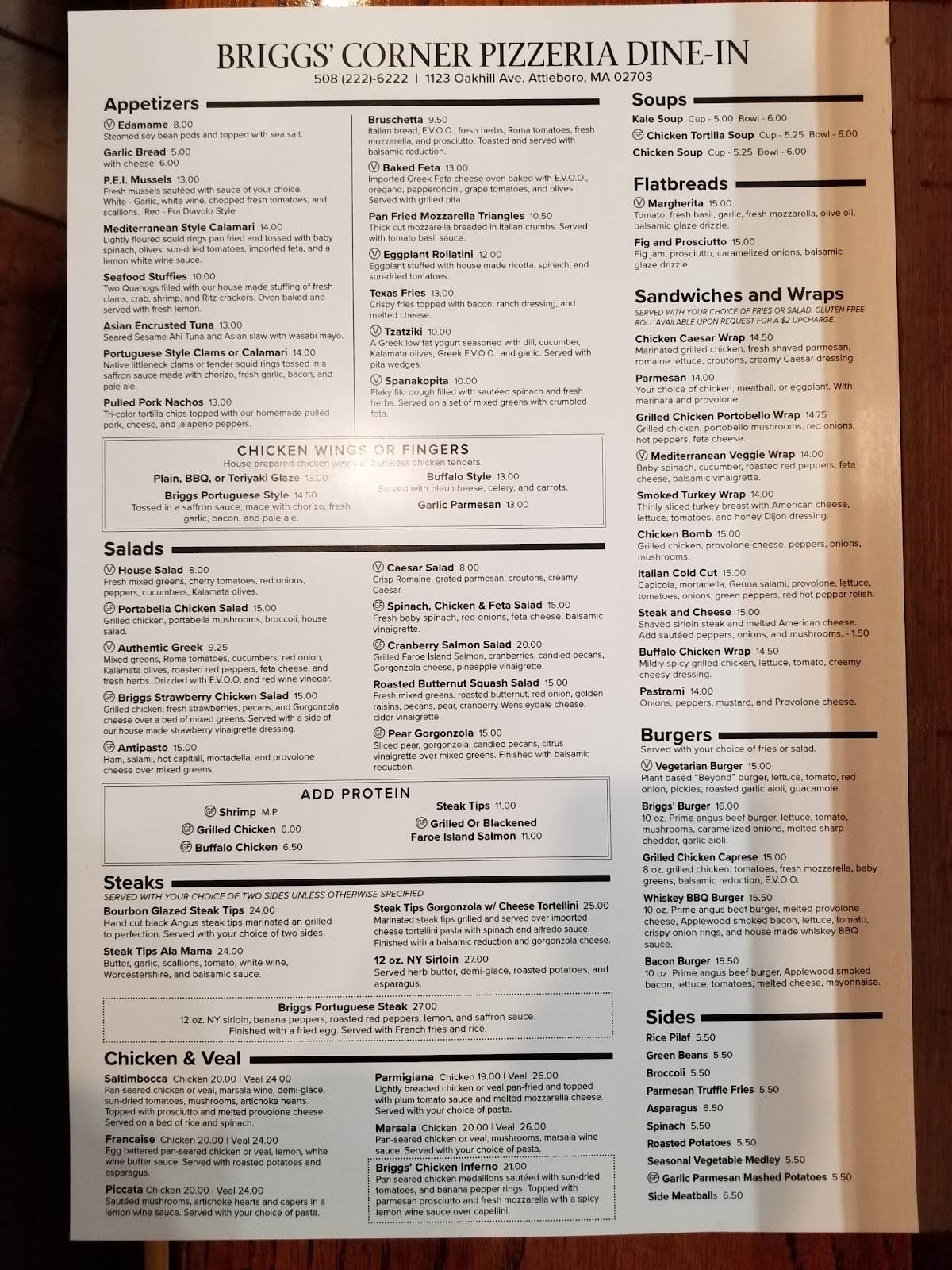 Menu at Briggs Corner Grill and Pizzeria, Attleboro