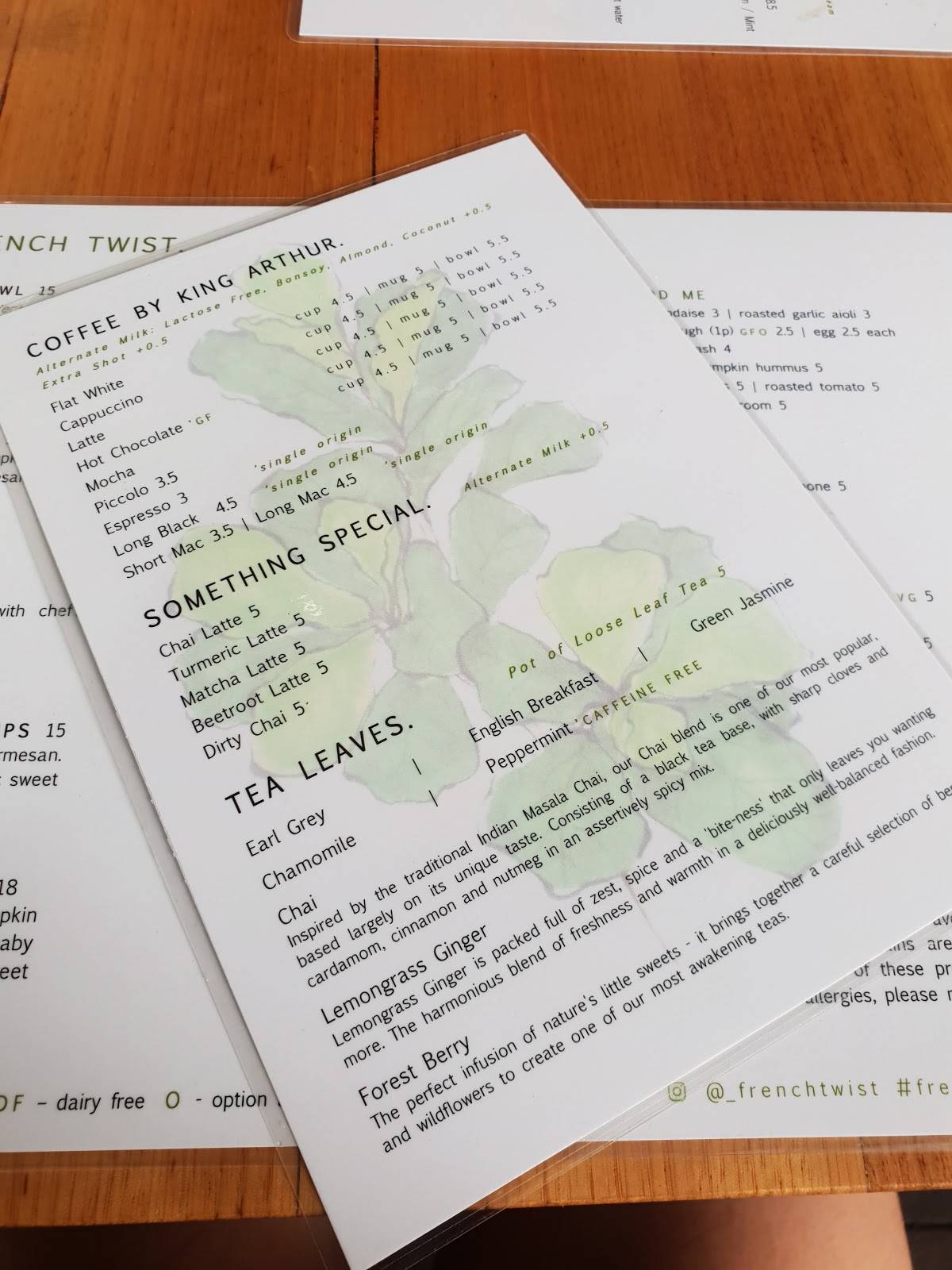 Menu at Fiddle Leaf cafe, Bulimba