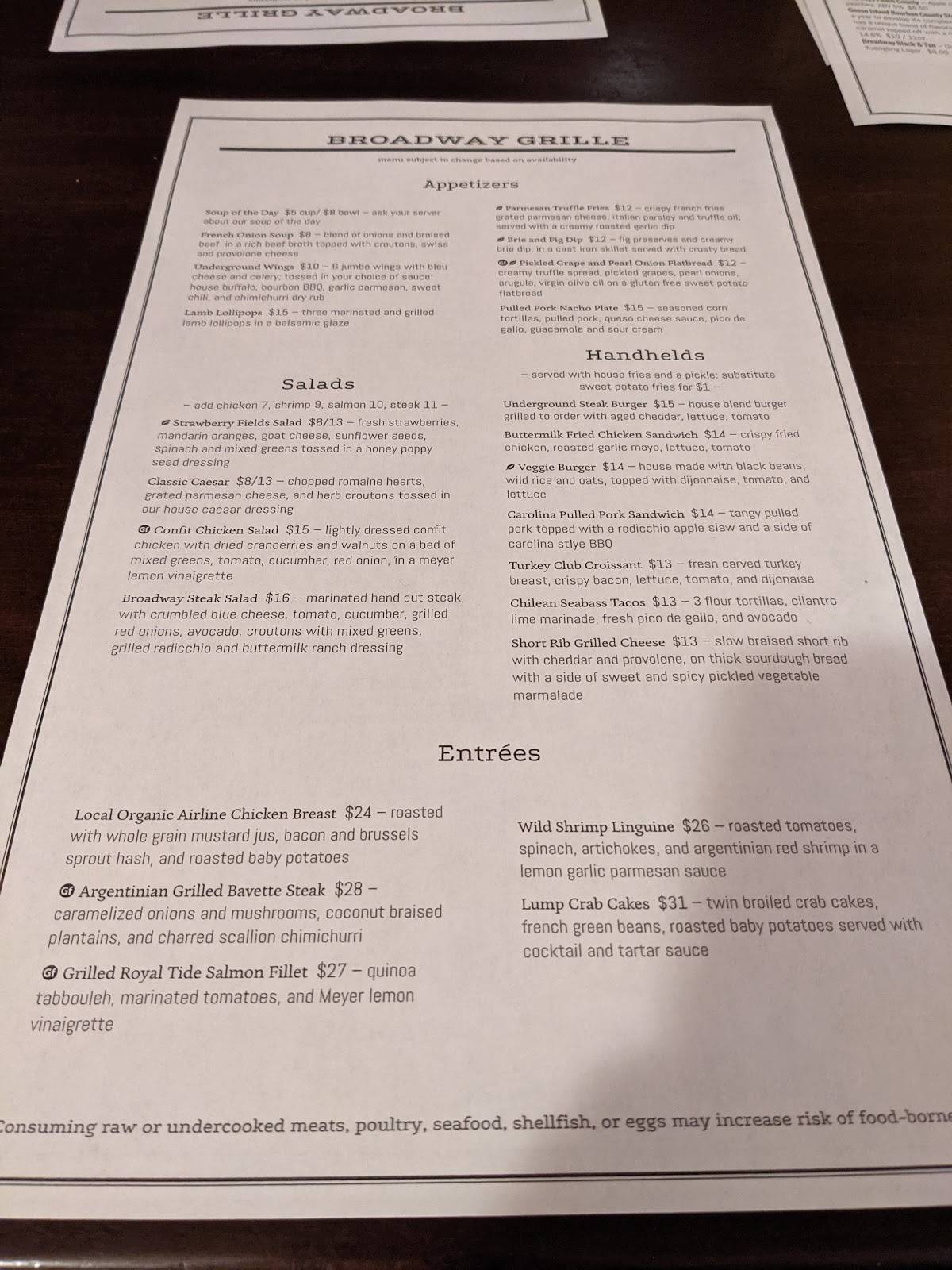 Menu at Broadway Grille + Underground pub & bar, Jim Thorpe