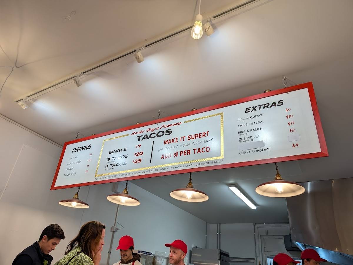 Menu at Broke Boy Taco restaurant, Auckland