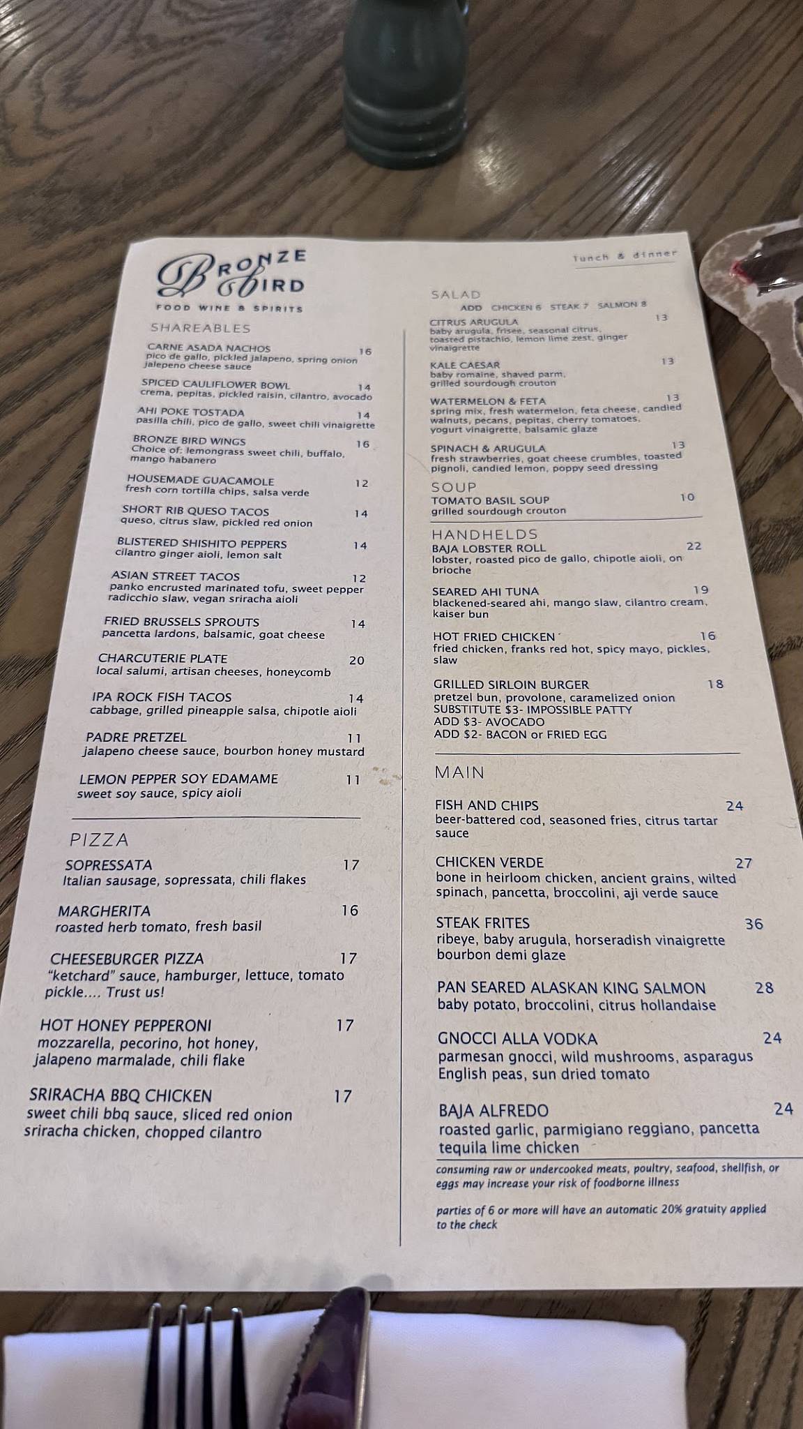 Menu at Bronze Bird restaurant, San Diego