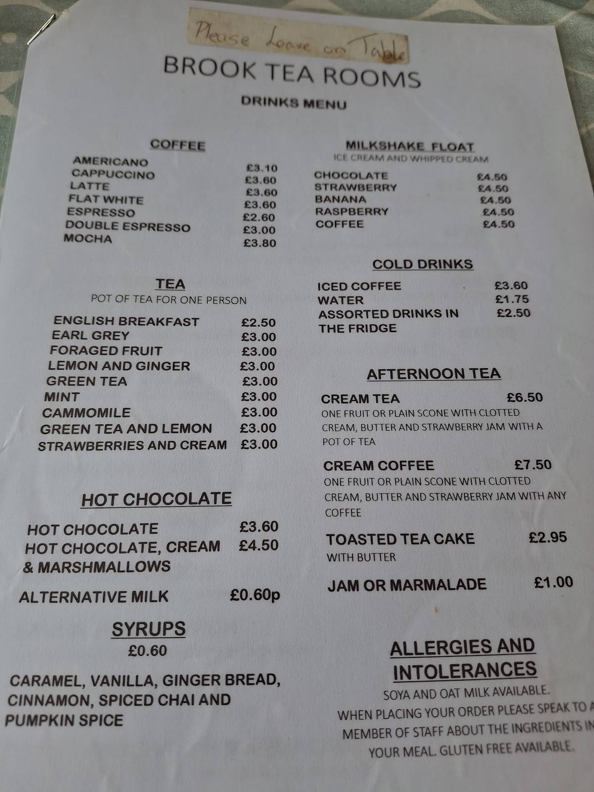 Menu at Brook Tea Rooms cafe, Swanage