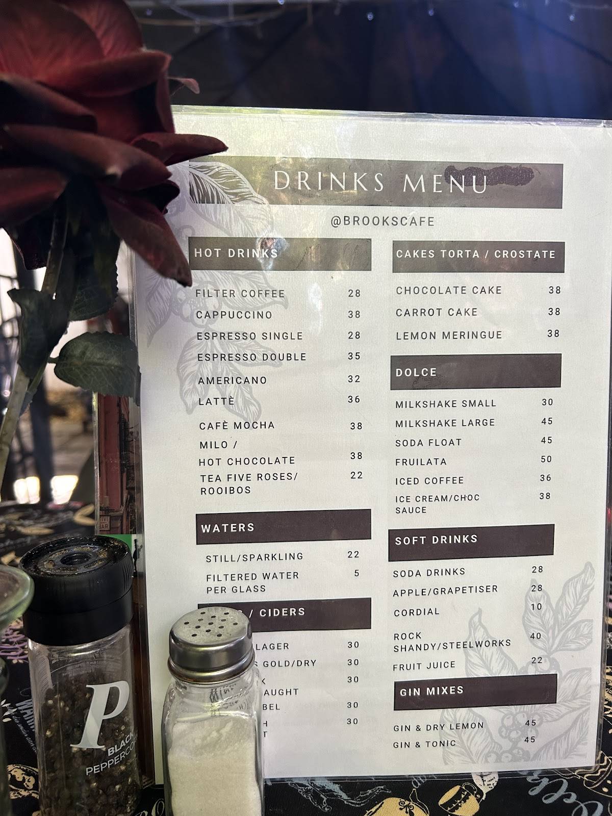 Menu at Brooks Café restaurant, Pretoria