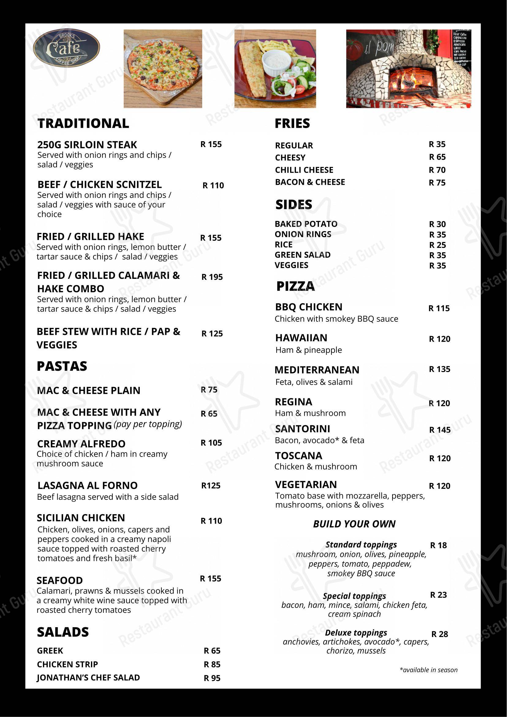 Menu au Brooks Café, Pretoria