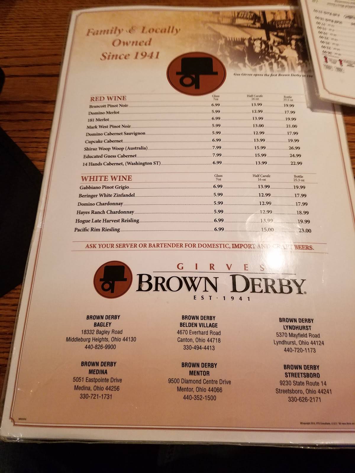 Menu at Brown Derby pub & bar, Middleburg Heights, Bagley Rd