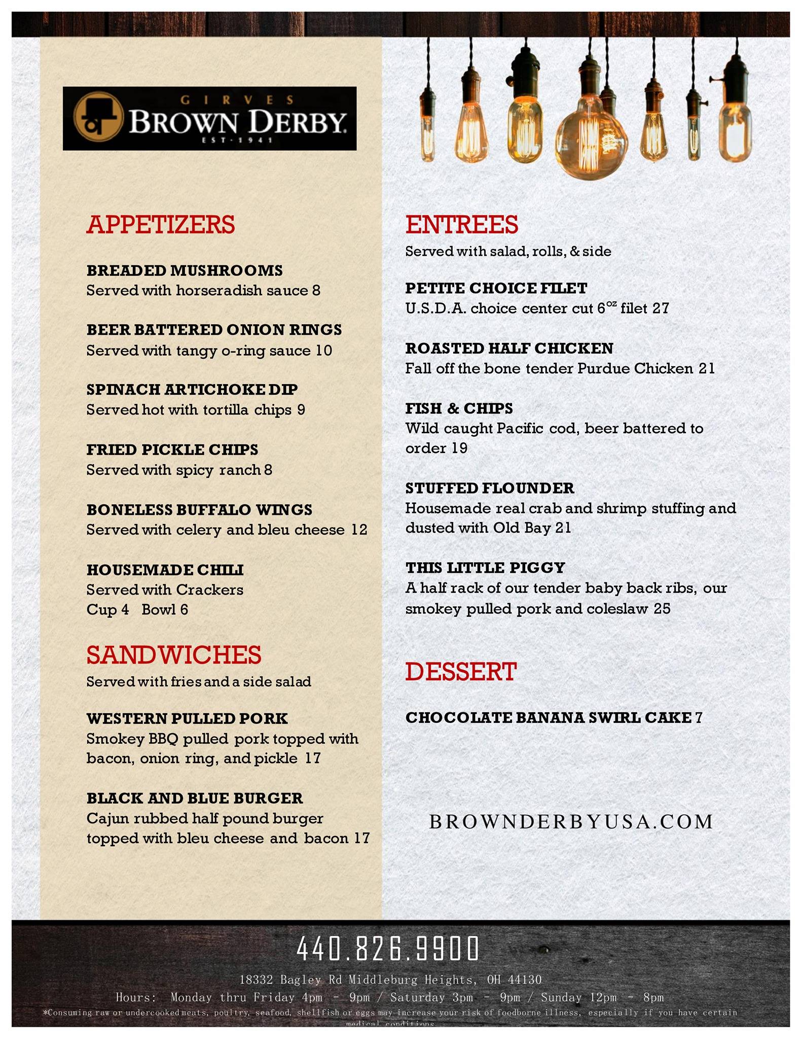Menu at Brown Derby pub & bar, Middleburg Heights, Bagley Rd