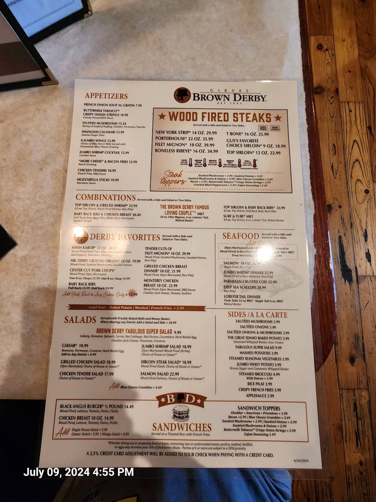 Menu at Brown Derby pub & bar, Middleburg Heights, Bagley Rd