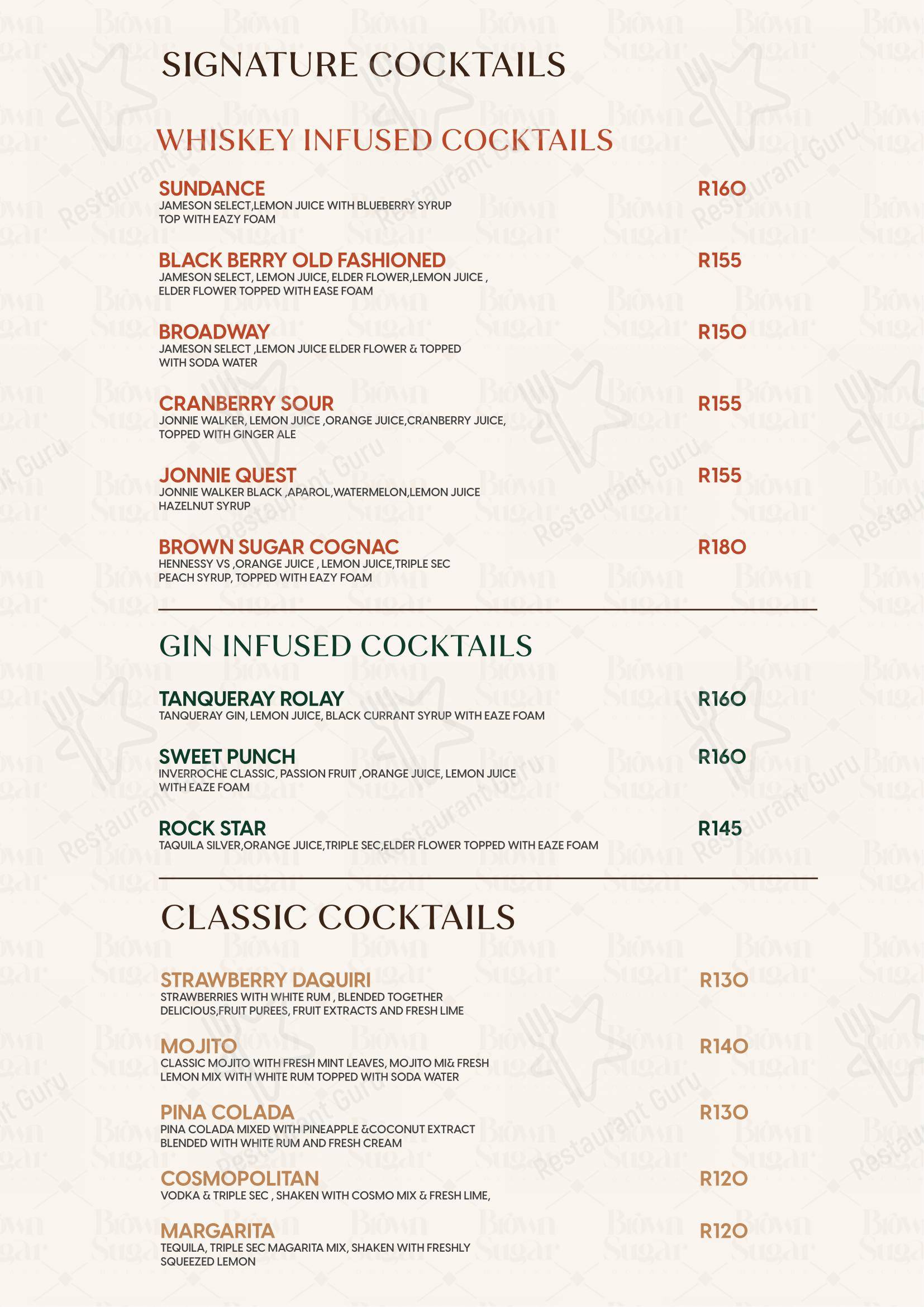 Menu at Brown Sugar Oceans restaurant, Umhlanga