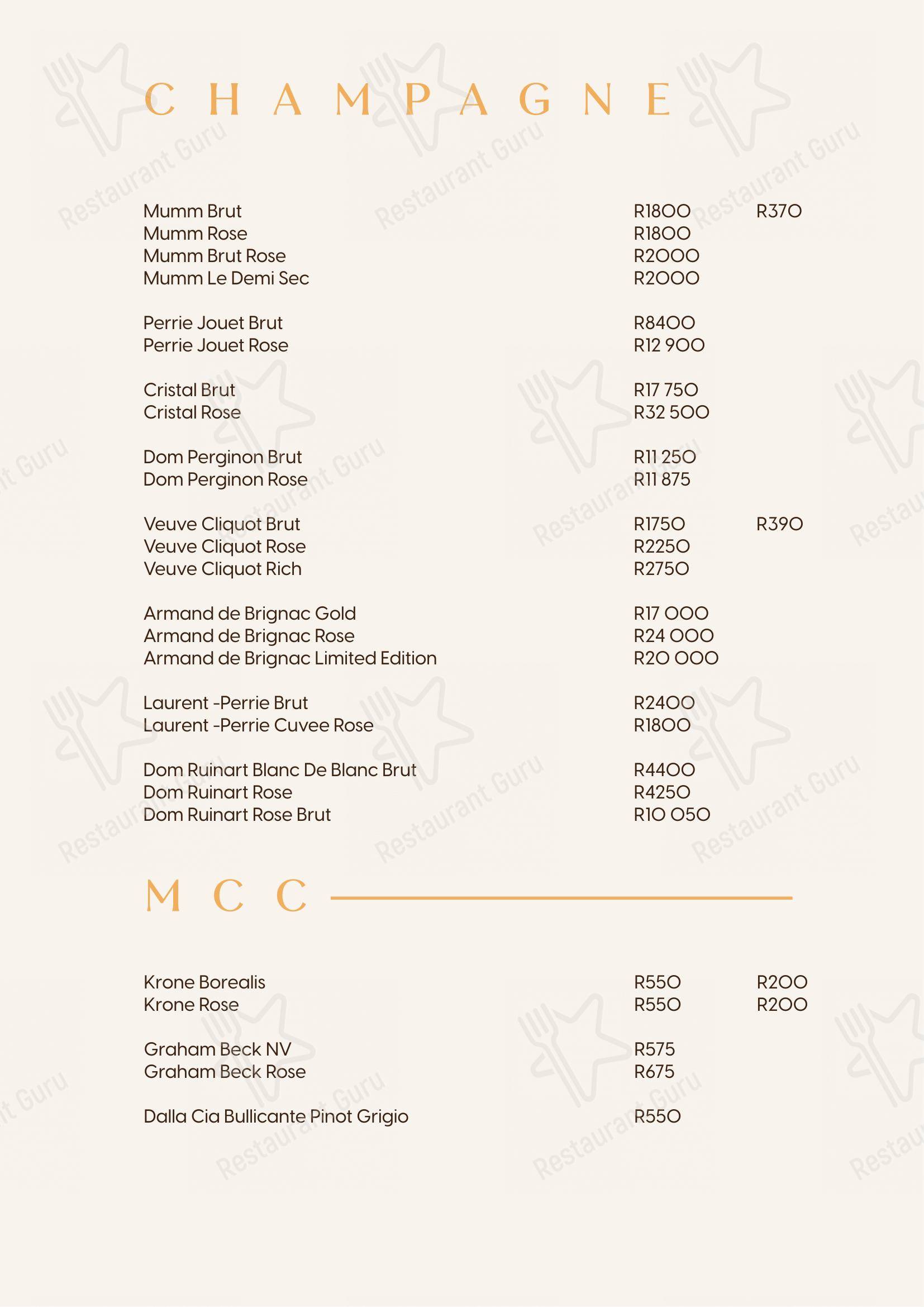 Menu at Brown Sugar Oceans restaurant, Umhlanga