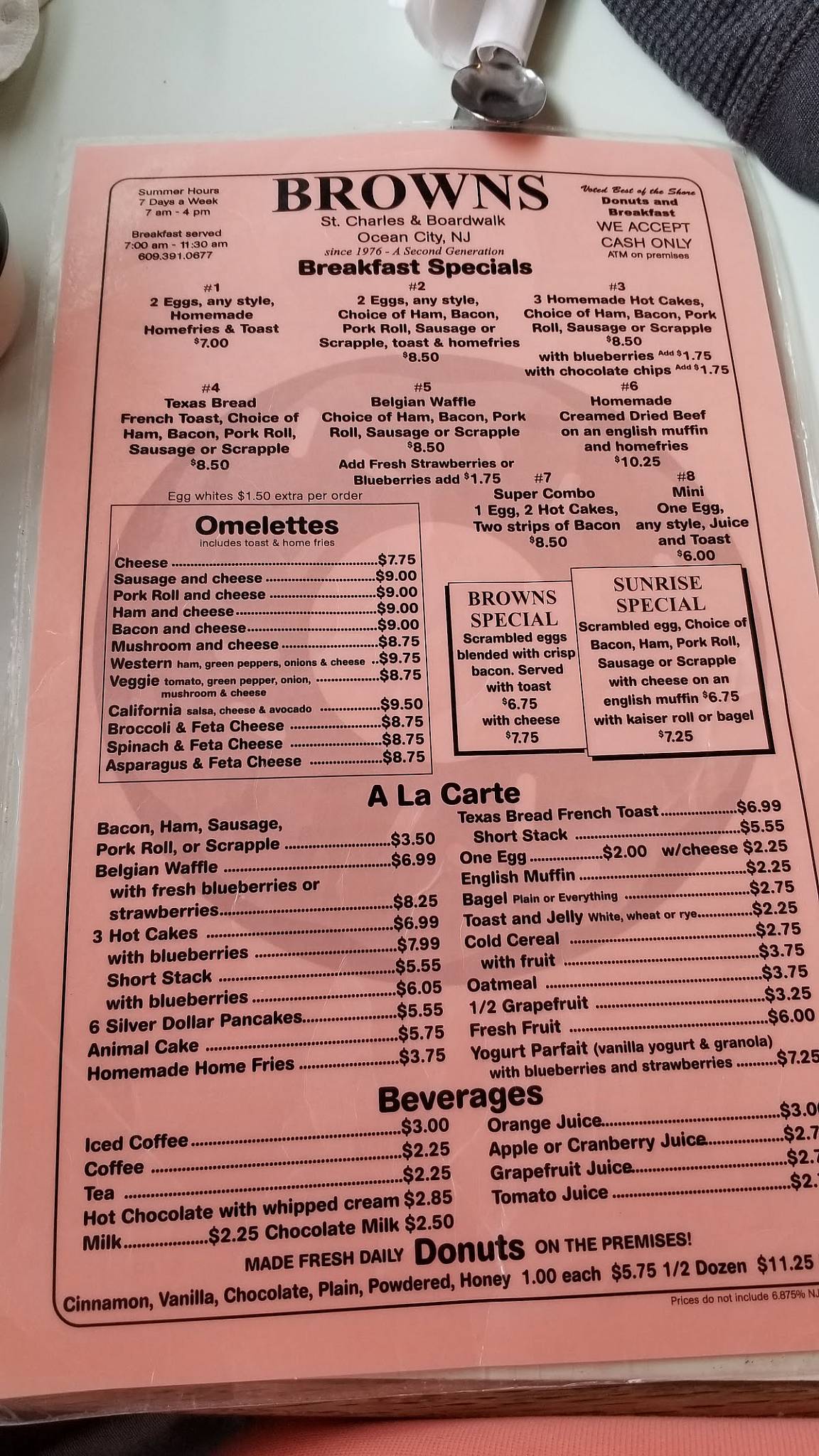 Menu at Browns Restaurant, Ocean City