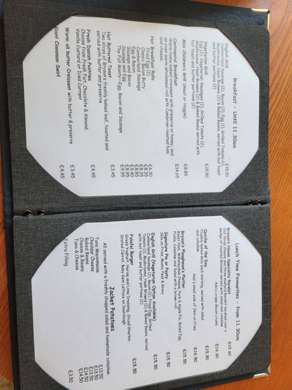 Menu at Bryson's cafe, Windermere