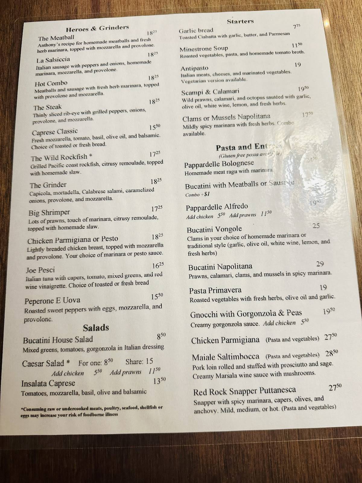 Menu at Bucatini pub & bar, Edmonds
