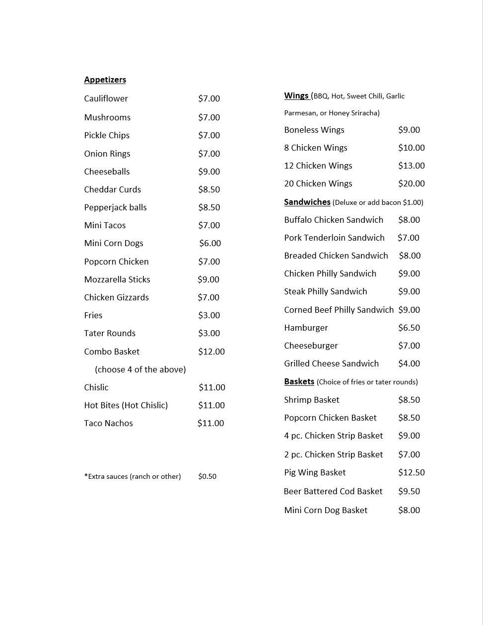 Menu at Bud's Bar, Jefferson