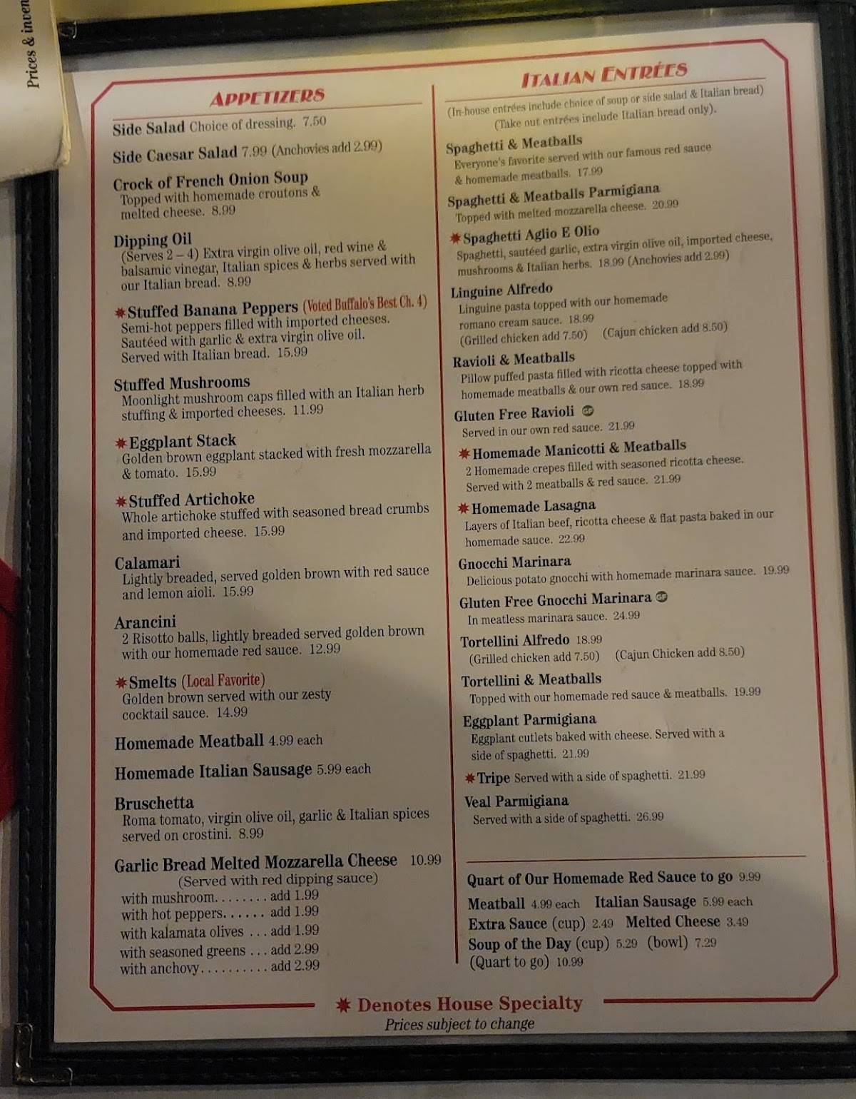 Menu at Bobby J's Italian American Grille restaurant, Buffalo