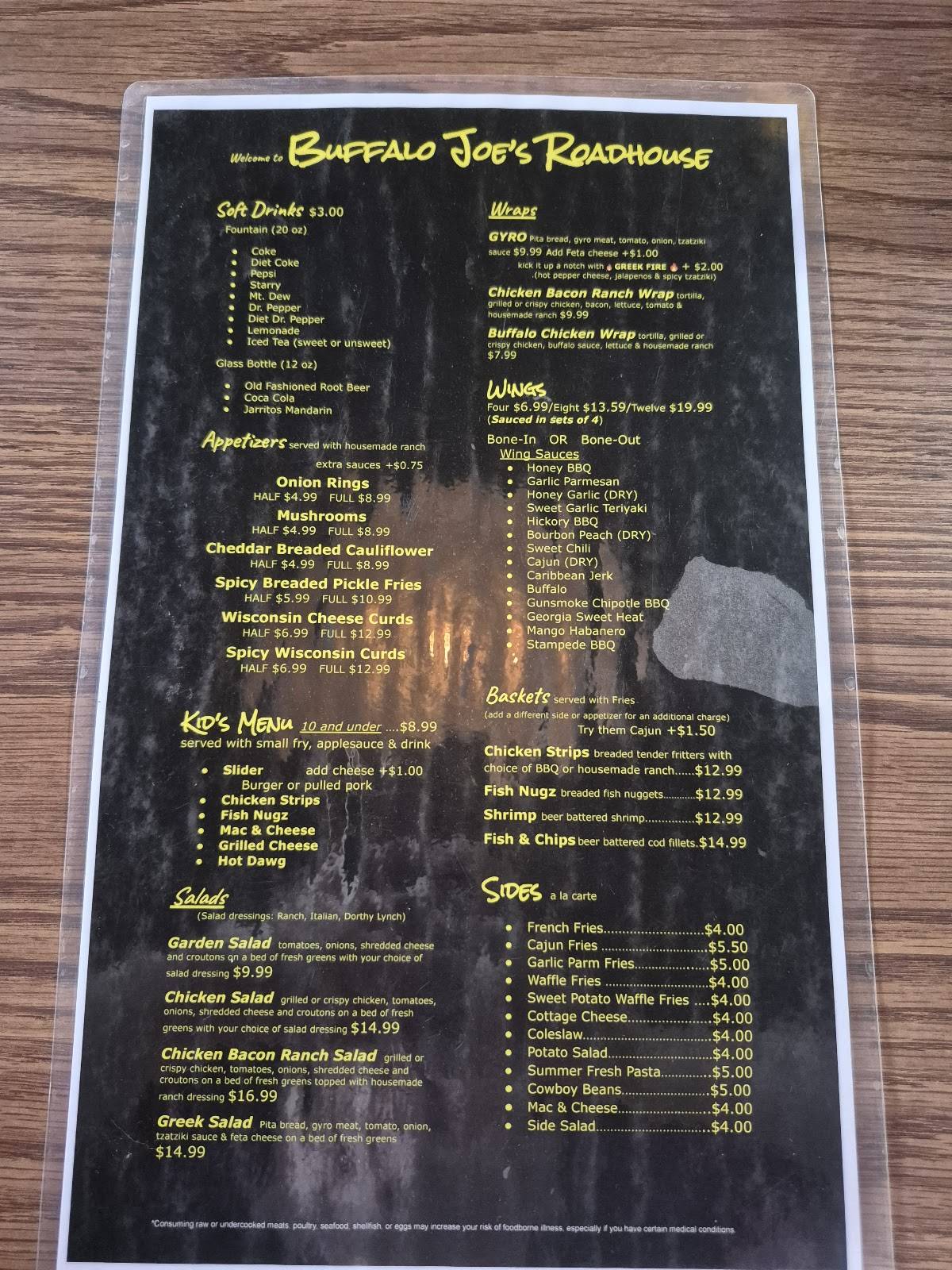 Menu at Buffalo Joe's Roadhouse pub & bar, Smithland