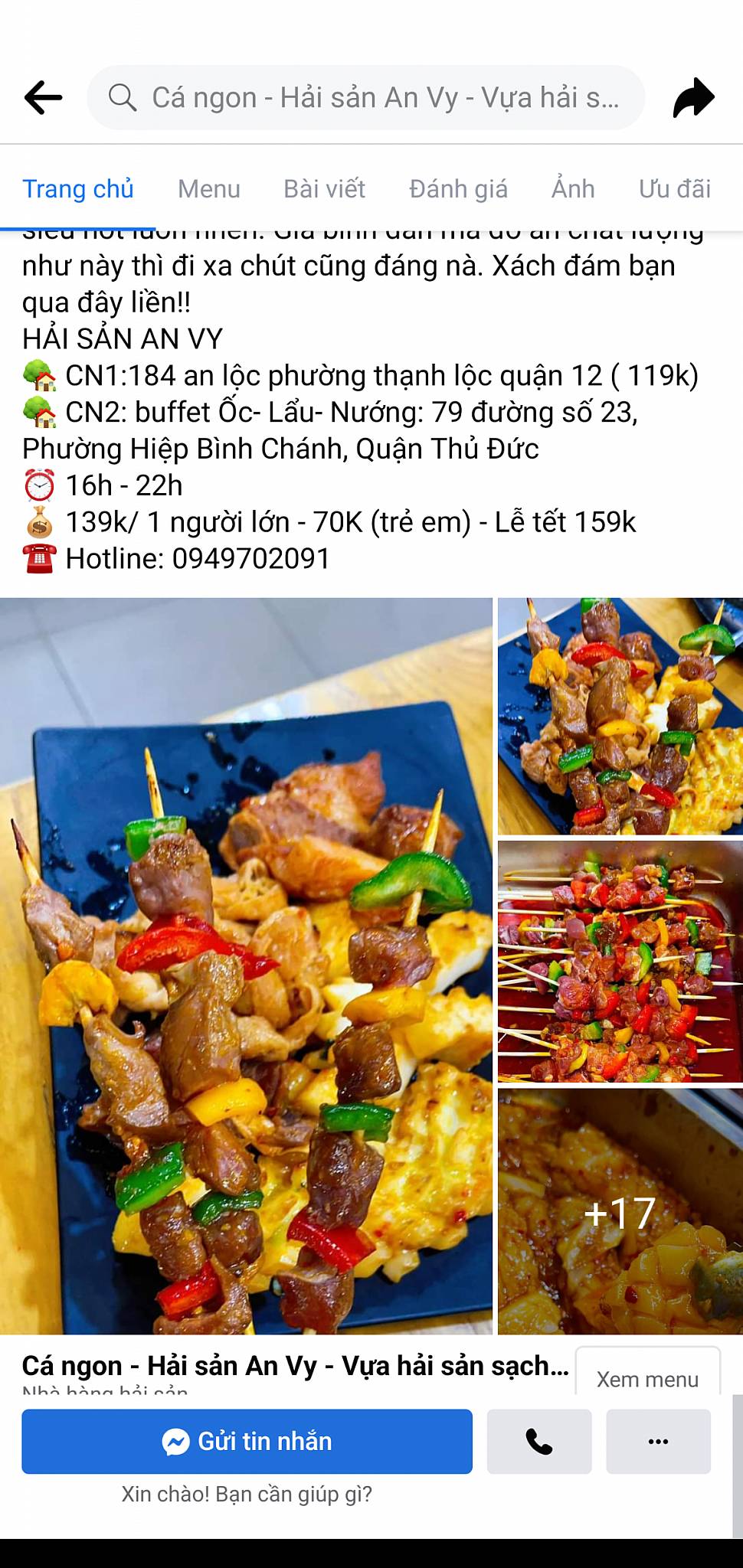 Menu at Buffet An Vy restaurant, Ho Chi Minh City