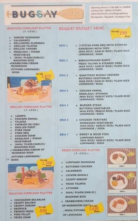 Menu at Bugsay Bistro restaurant, Sorsogon City