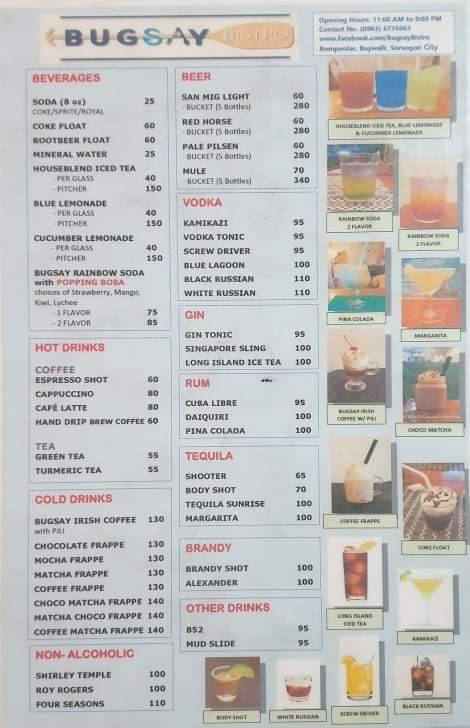 Menu at Bugsay Bistro restaurant, Sorsogon City