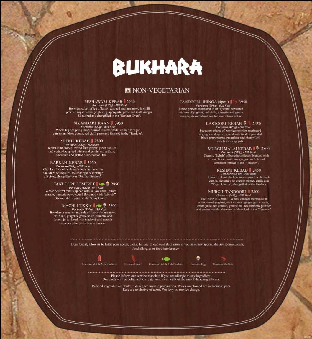 Menu at Bukhara, New Delhi, ITC MAURYA