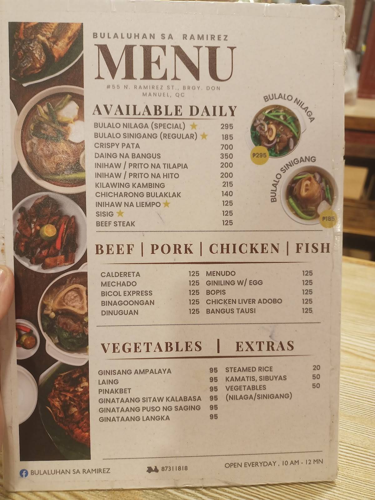 Menu at Bulalohan sa Ramirez restaurant, Quezon City